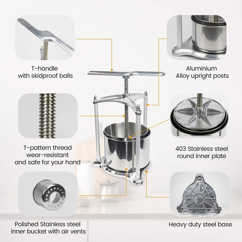 Grape Crusher Fruit Wine Manual Press - 0.8 Gallon Stainless Steel ...